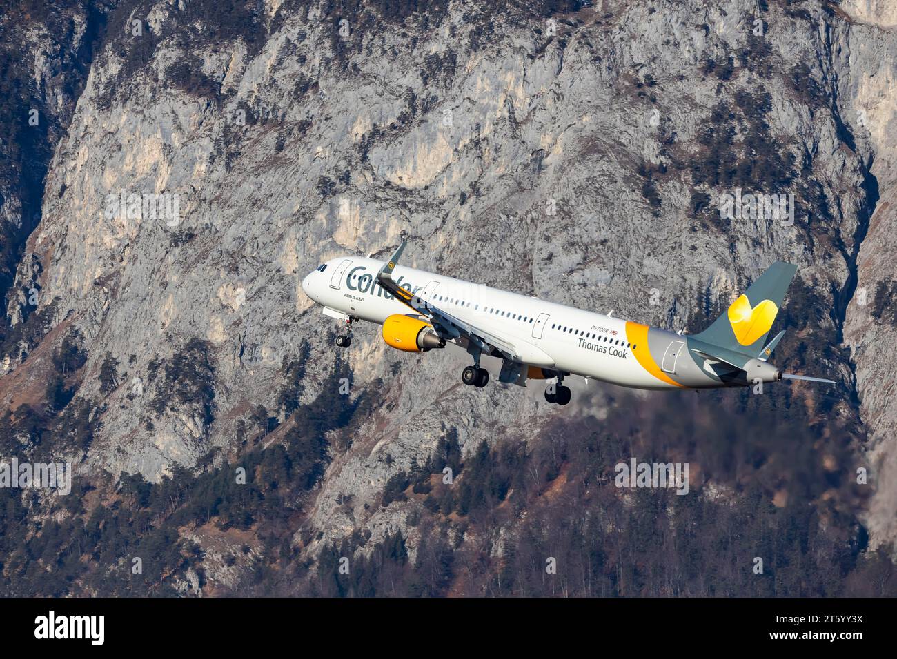 Condor airline aircraft taking off from Innsbruck Kranebitten Airport ...