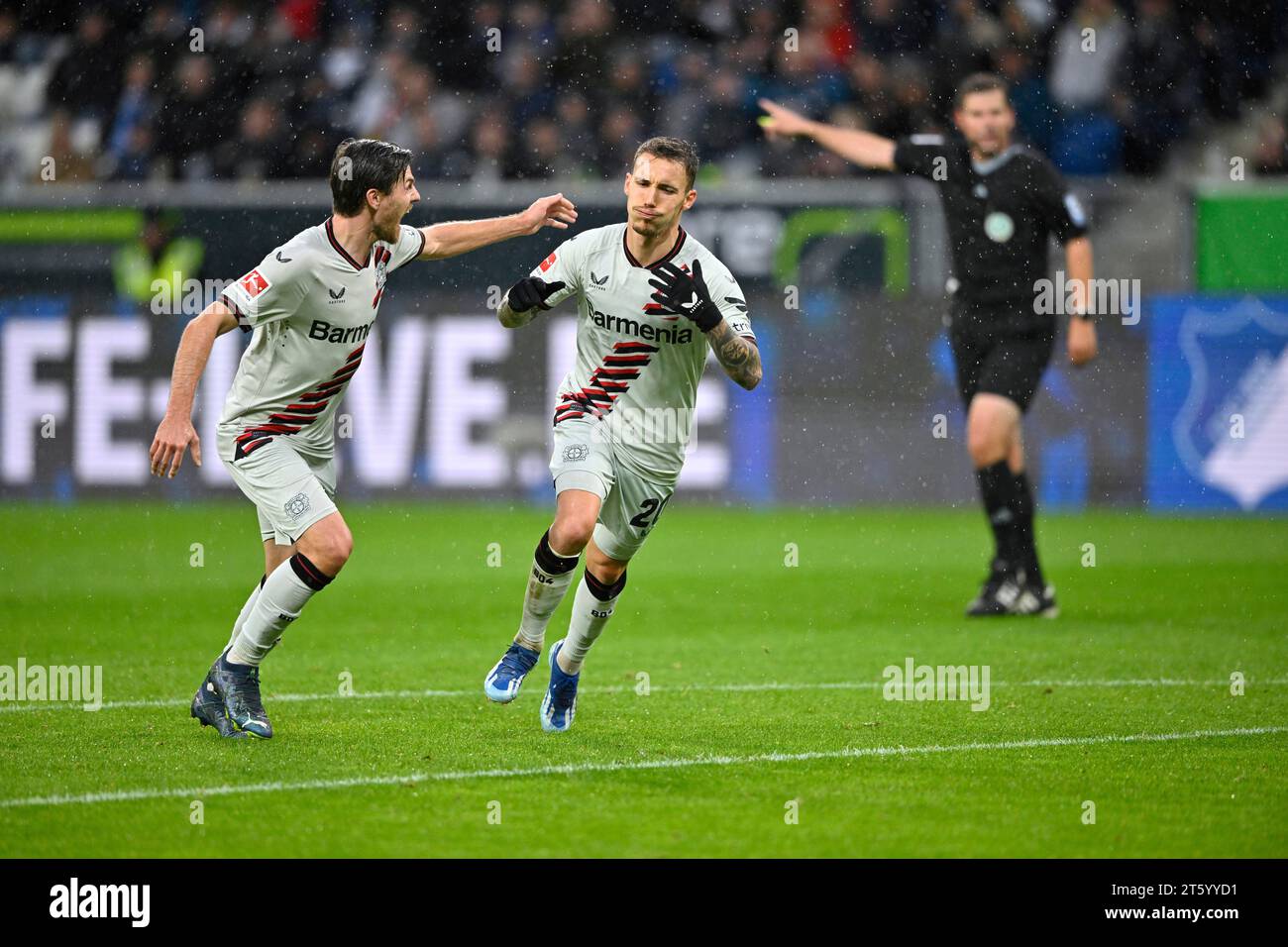 Goal celebration Alejandro Grimaldo Bayer 04 Leverkusen (20) gestures ...