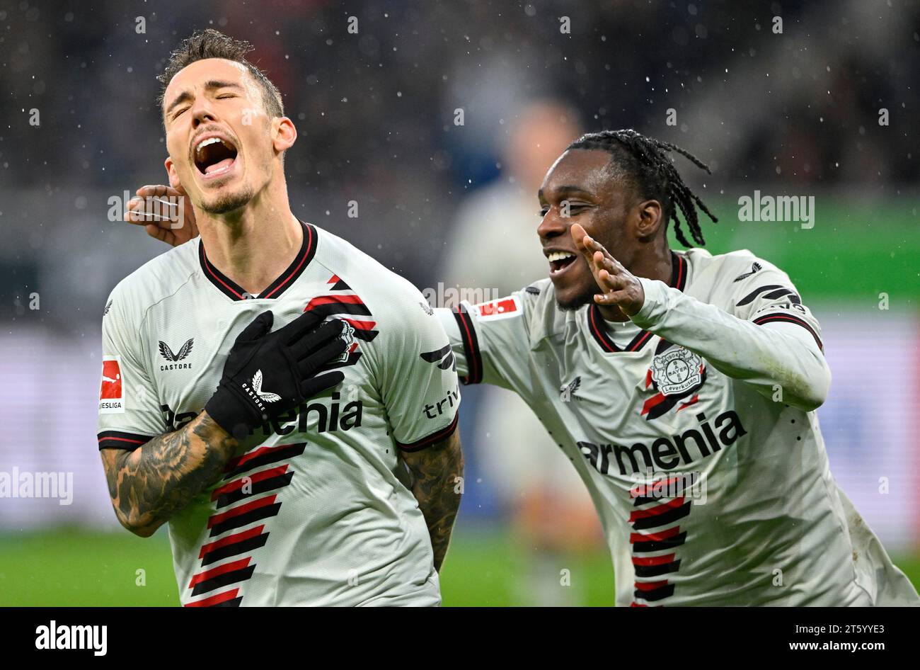 Goal celebration Alejandro Grimaldo Bayer 04 Leverkusen (20) with ...