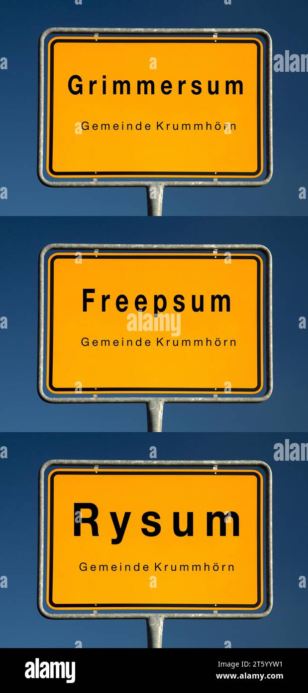 Place name signs for Grimmersum, Freepsum and Rysum, villages in the ...