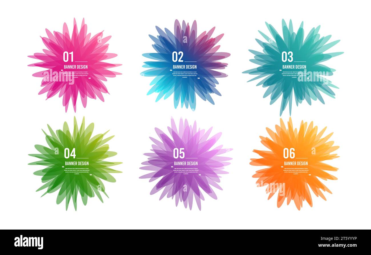Geometric flower banners. Overlay colors shape art design. Abstract style spots. Infographic ...