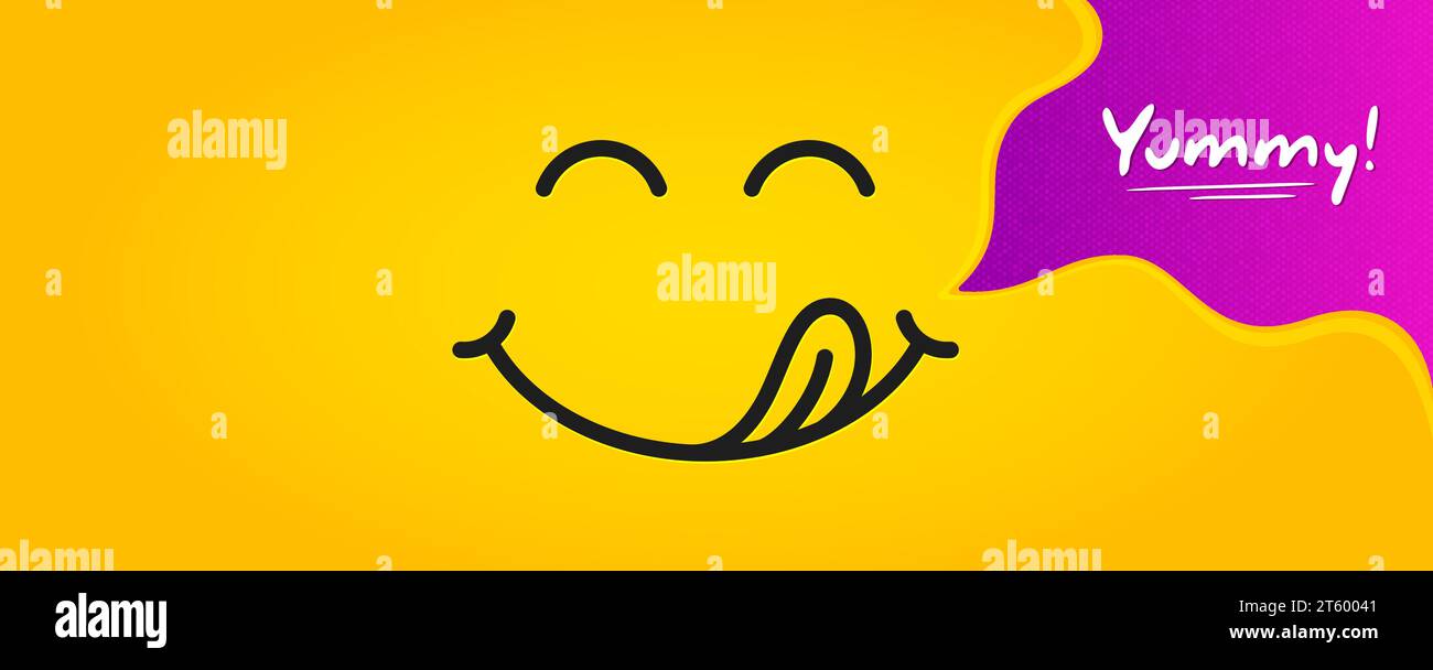 Yummy smile emoticon with tongue lick mouth. Tasty food eating emoji face. Delicious cartoon ...
