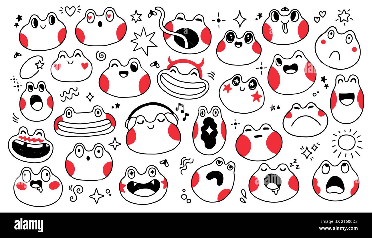 Cute frog doodle set. Cartoon frog stickers emoticons with different ...