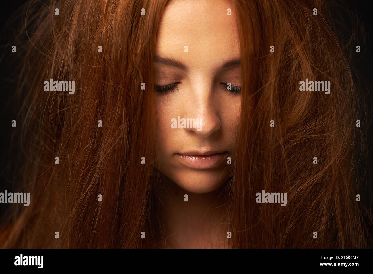 Depression, thinking or sad woman in studio with trauma stress, fail or ...