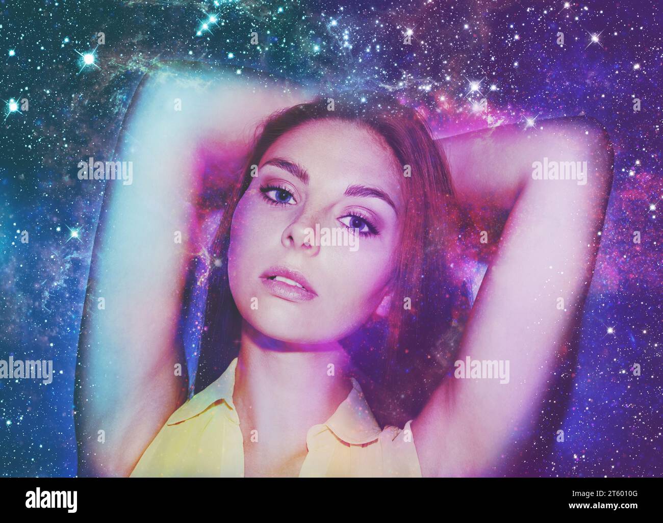 Woman, portrait and double exposure with stars, space and fantasy for ...