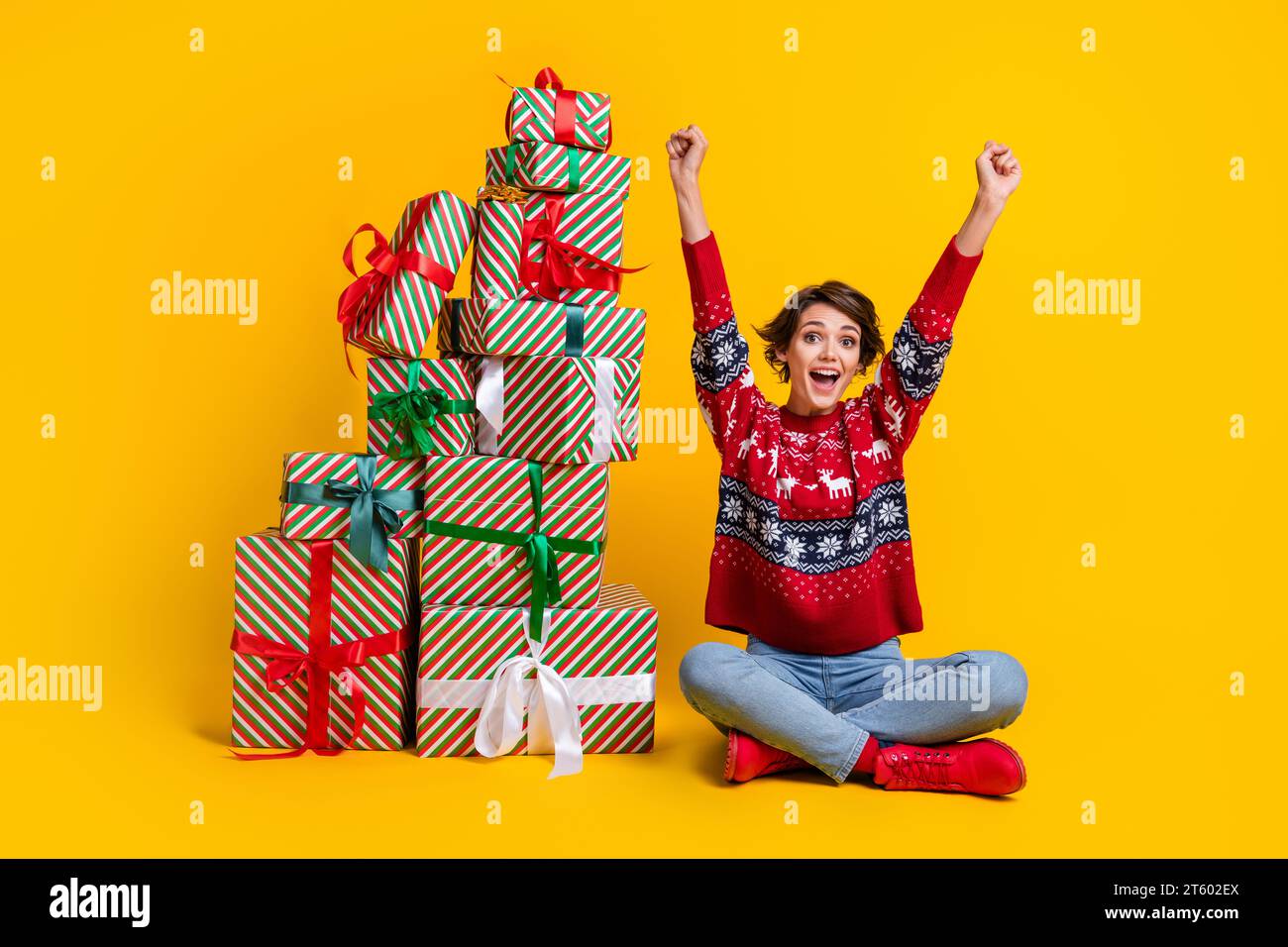 Full body photo of satisfied woman with stylish hair wear red sweater ...