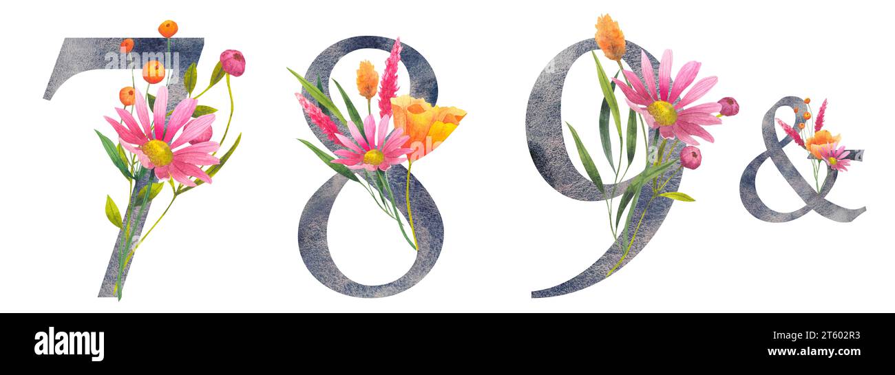 Number 7, 8, 9. Set of floral numeric seven, eight, nine in watercolor ...