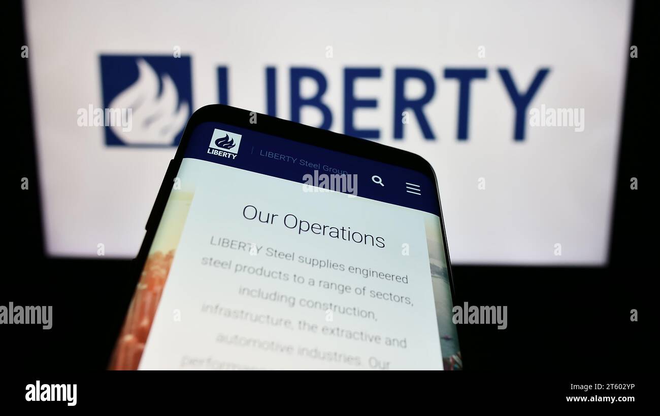 Mobile phone with website of British metals company Liberty Steel Group ...