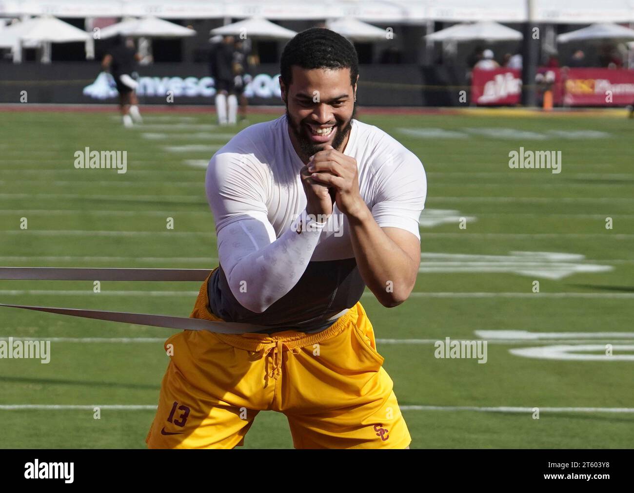 USC Trojans quarterback Caleb Williams (13) works out with the football ...