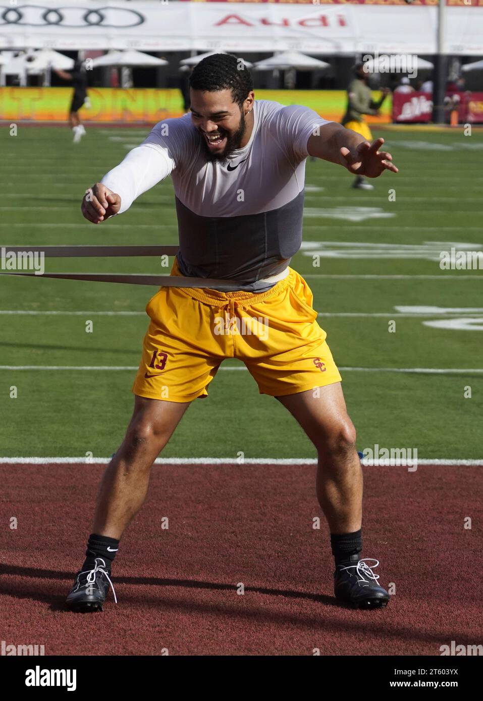 USC Trojans quarterback Caleb Williams (13) works out with the football ...
