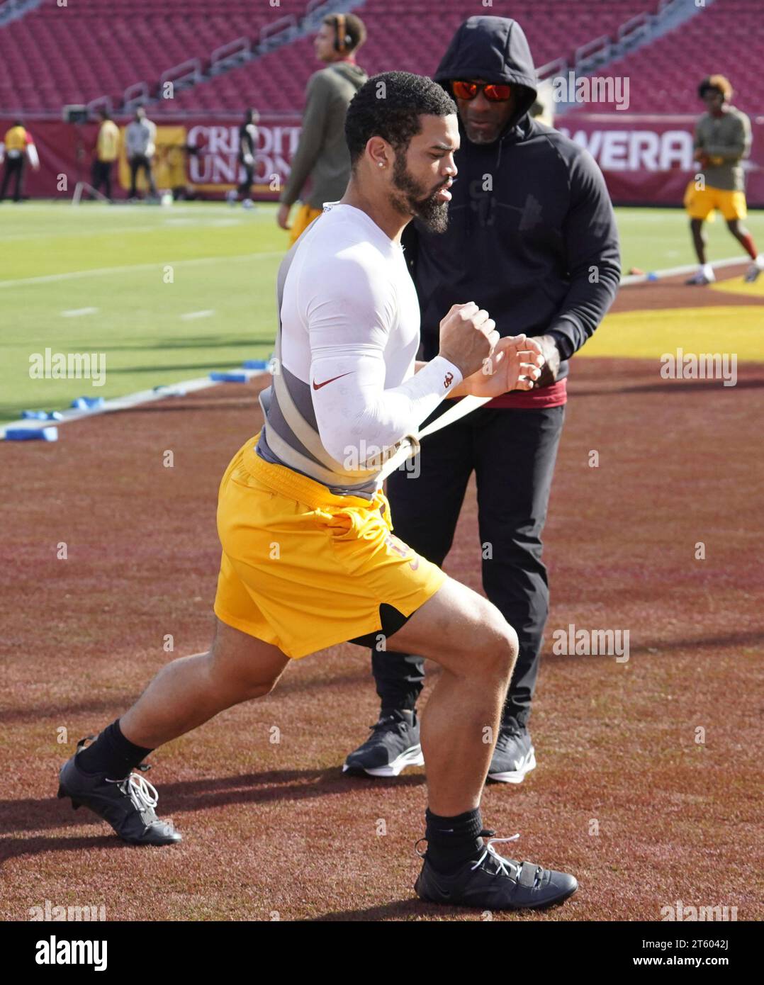 USC Trojans quarterback Caleb Williams (13) works out with the football ...