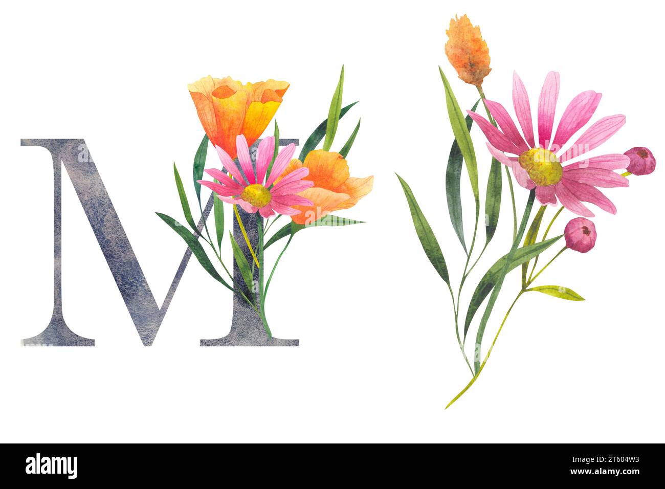 Letter M with watercolor wildflowers. Floral alphabet, set isolated ...