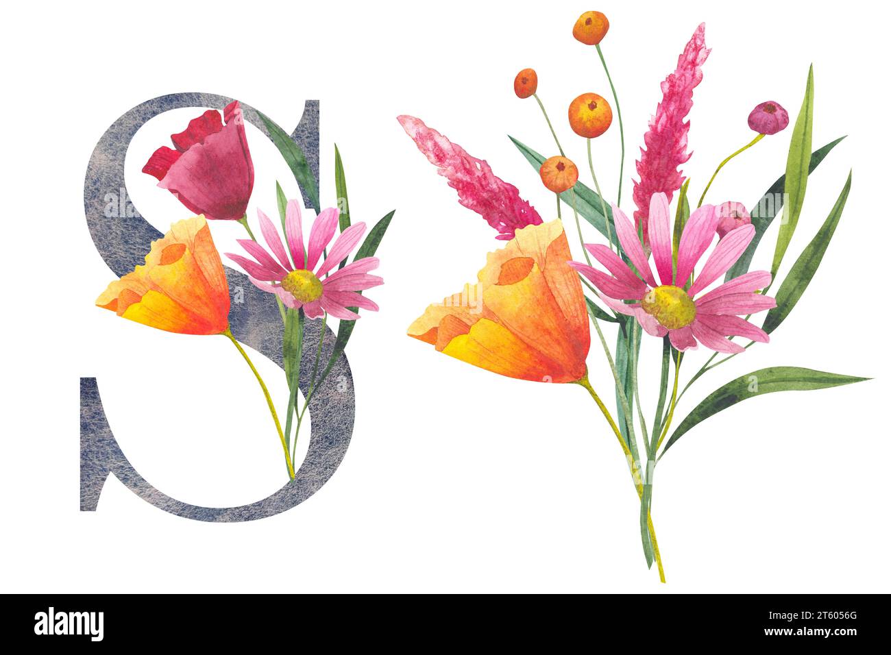 Letter S with watercolor wildflowers. Floral alphabet, set isolated ...