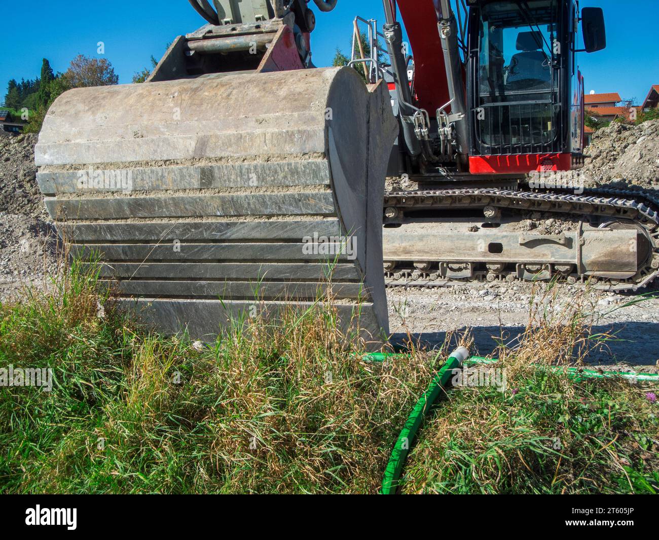 Wide angle view of the outside of a heavy excavator bucket on a ...