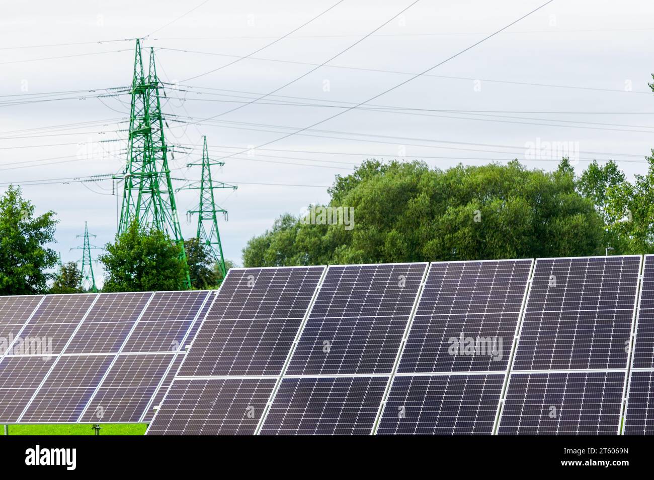 Construction of new solar power plant panels, high voltage power line ...