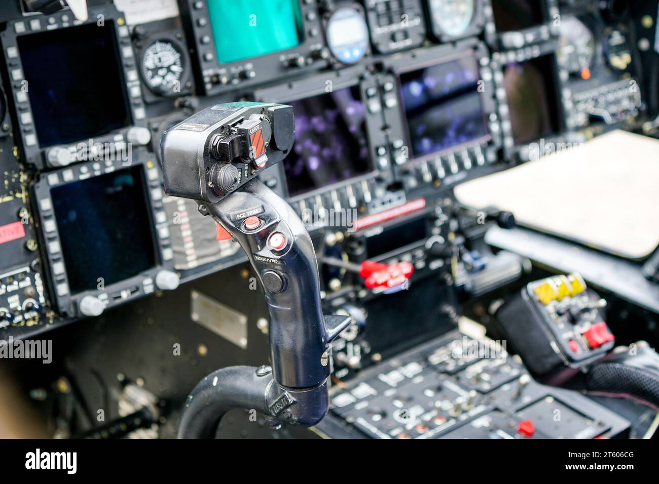 Interior view of helicopter Agusta cockpit with control handle ...
