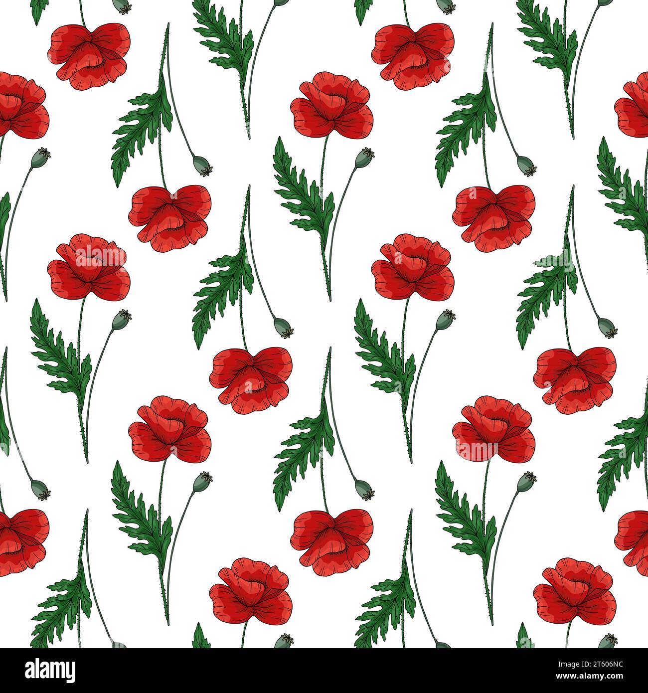 Seamless pattern with red poppy flowers and green leaves. Papaver ...