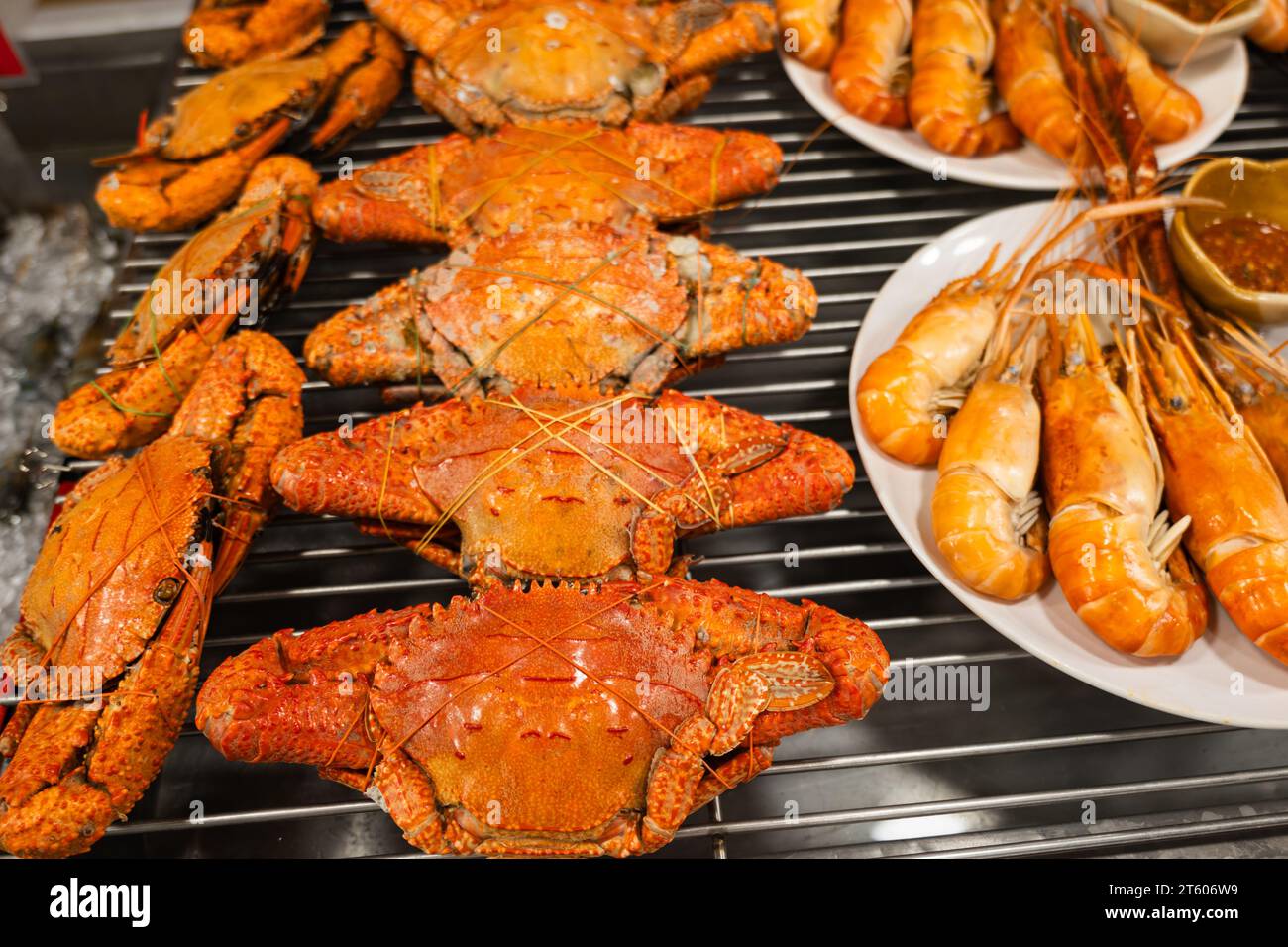 Crabs on display at seafood street restaurant in Thailand, boild crabs ...