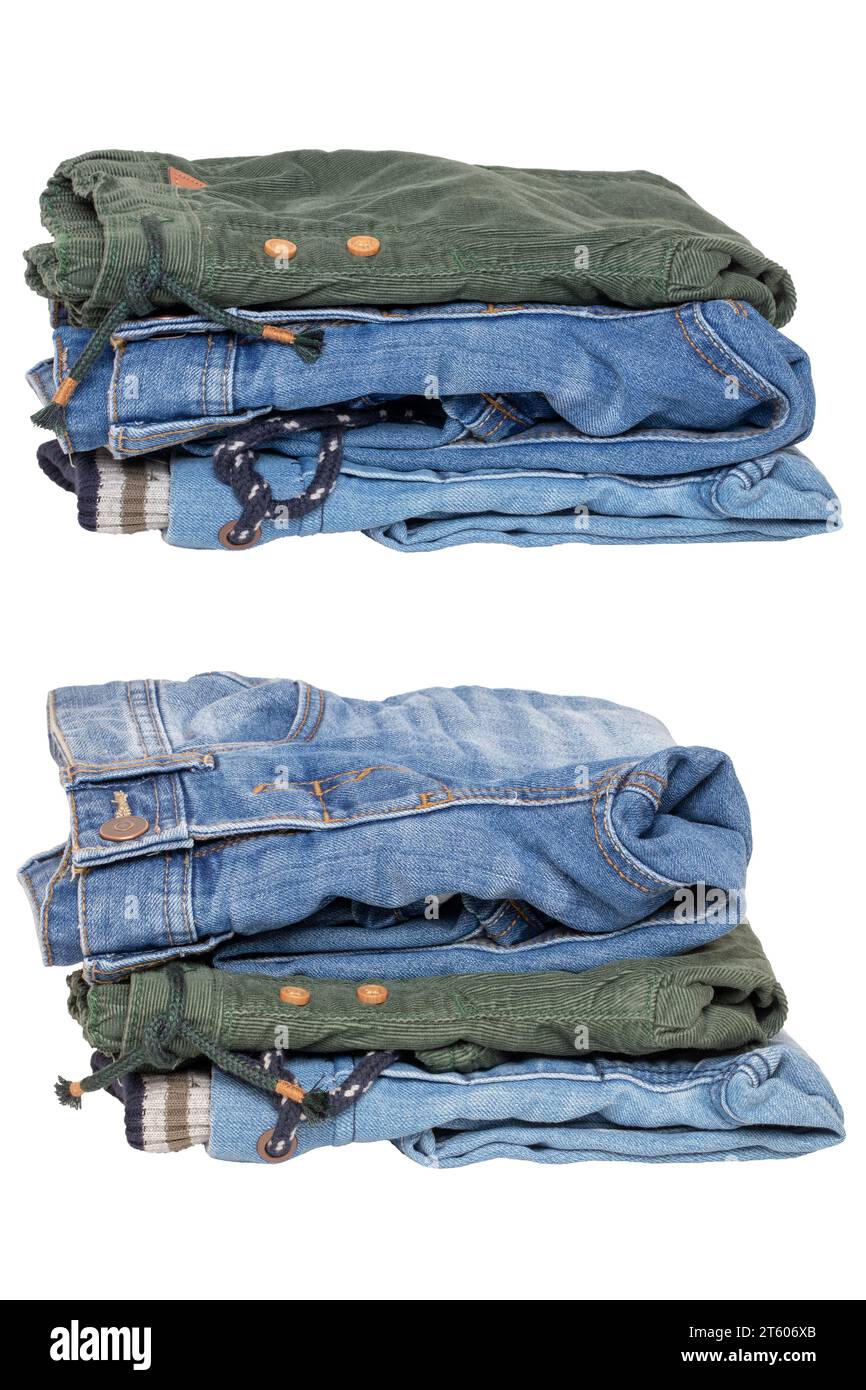 Stack of jeans clothes. Collage set of two stacks of jeans for kids ...