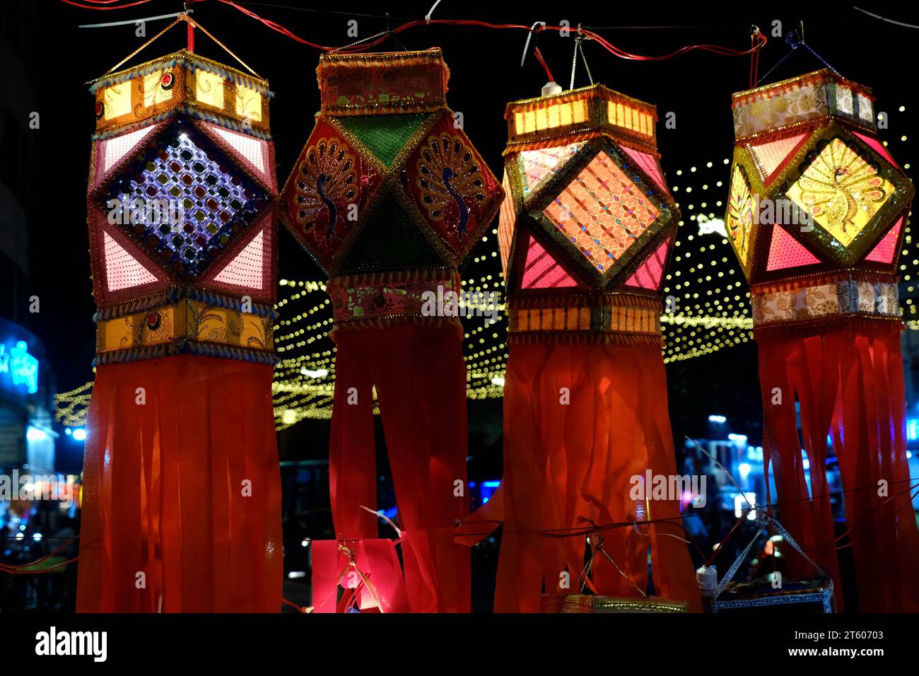 Series of colourful aakash kandil lights displayed in Pune city area ...