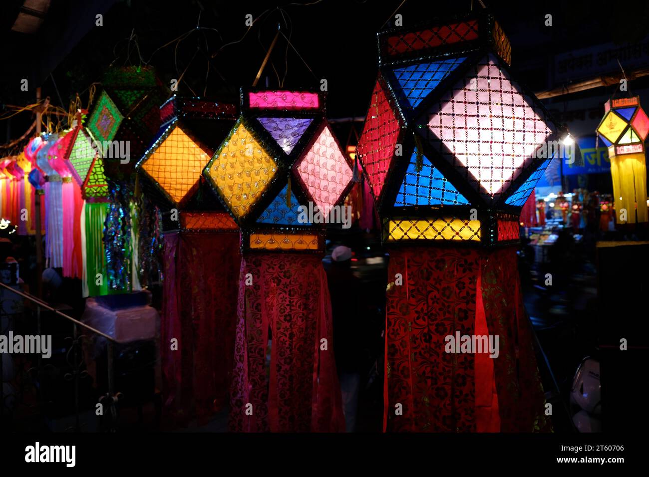 Series of colourful aakash kandil lights displayed in Pune city area ...