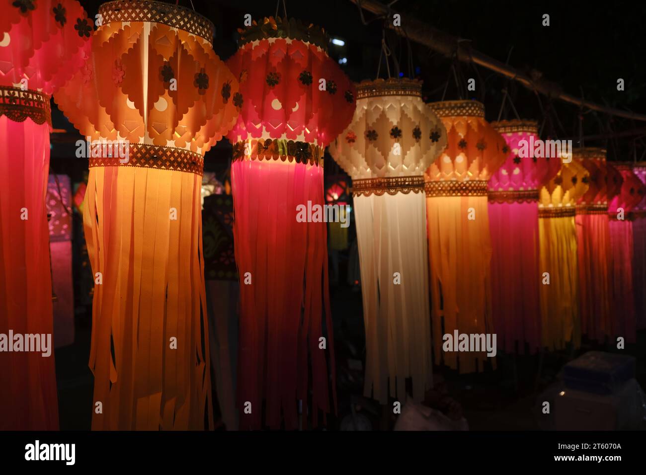 Series of colourful aakash kandil lights displayed in Pune city area ...