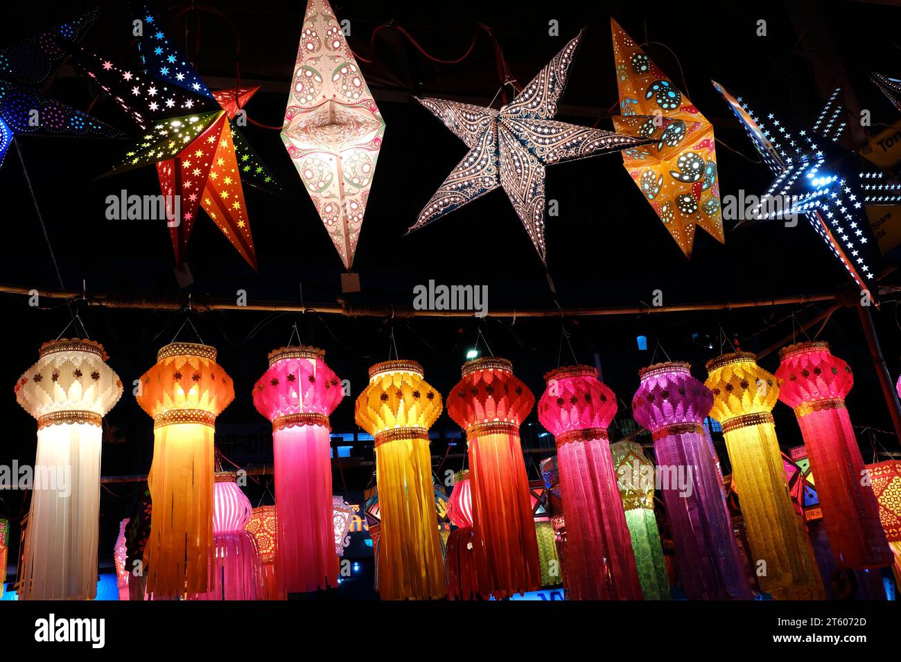 Series of colourful aakash kandil lights displayed in Pune city area ...