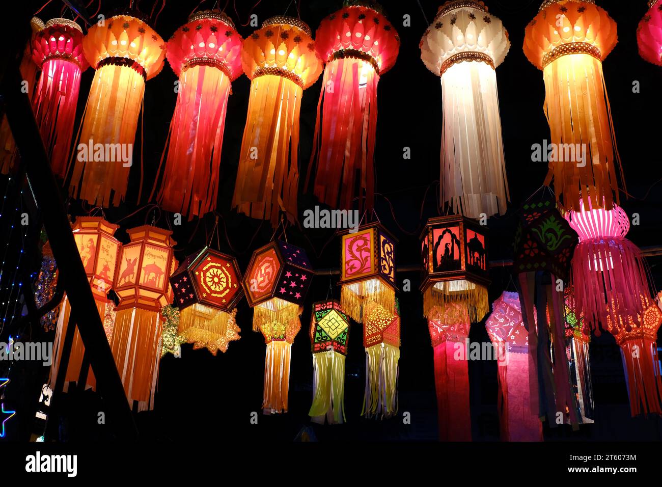 Series of colourful aakash kandil lights displayed in Pune city area ...