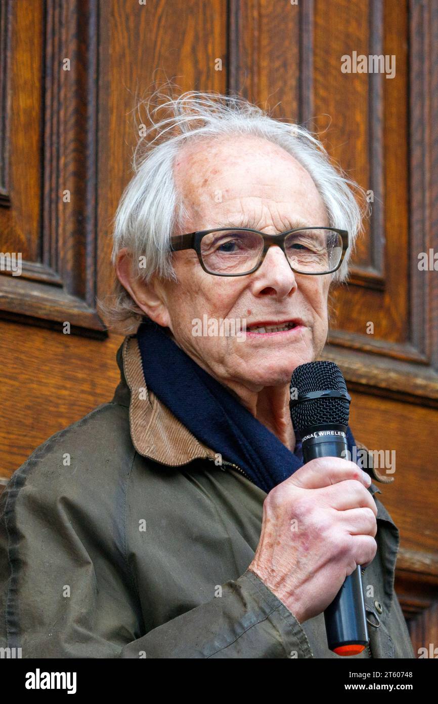 Film director Ken Loach speaks to Pro-Palestinian supporters before a ...