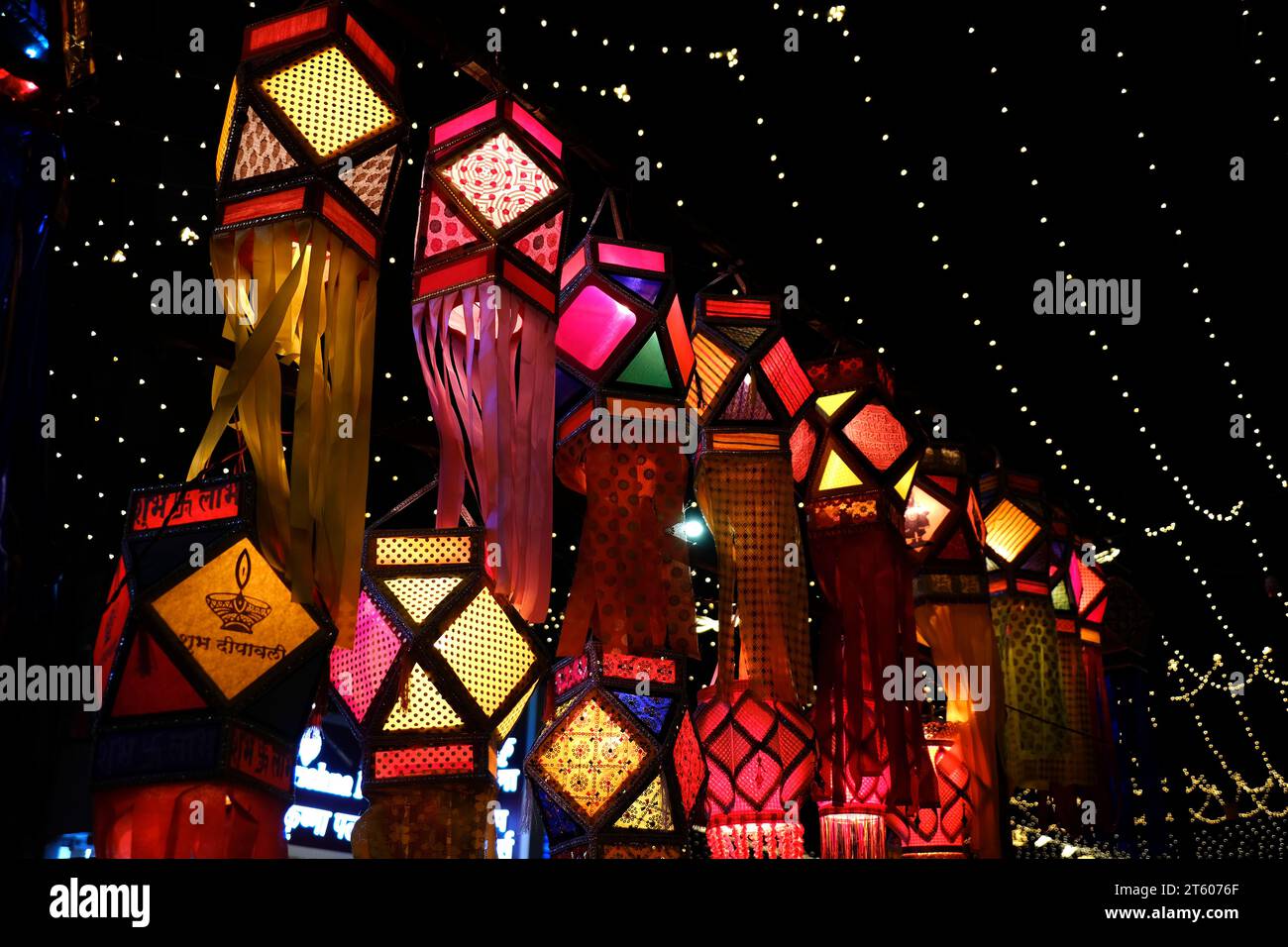 Series of colourful aakash kandil lights displayed in Pune city area ...