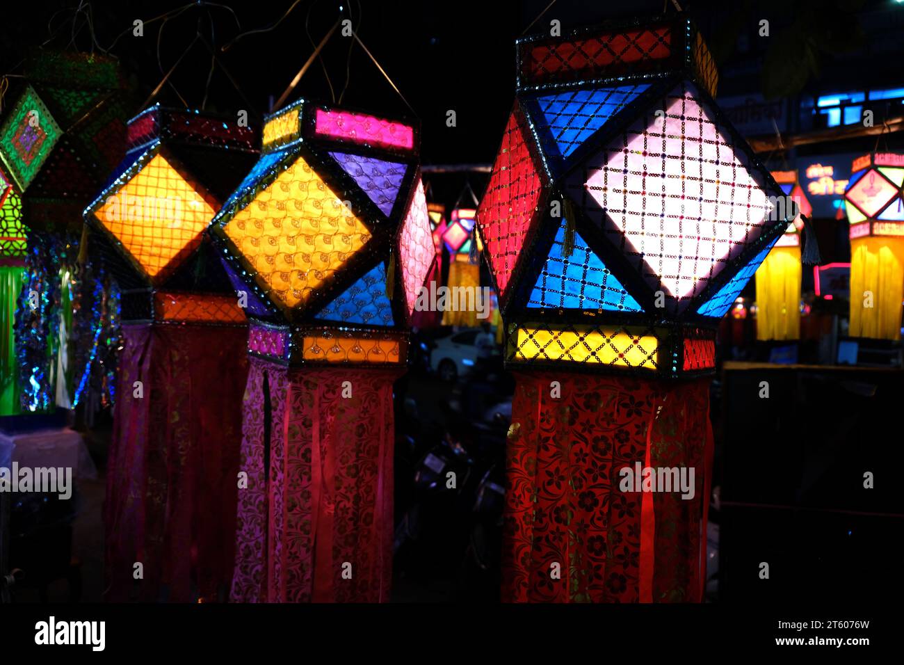 Series of colourful aakash kandil lights displayed in Pune city area ...