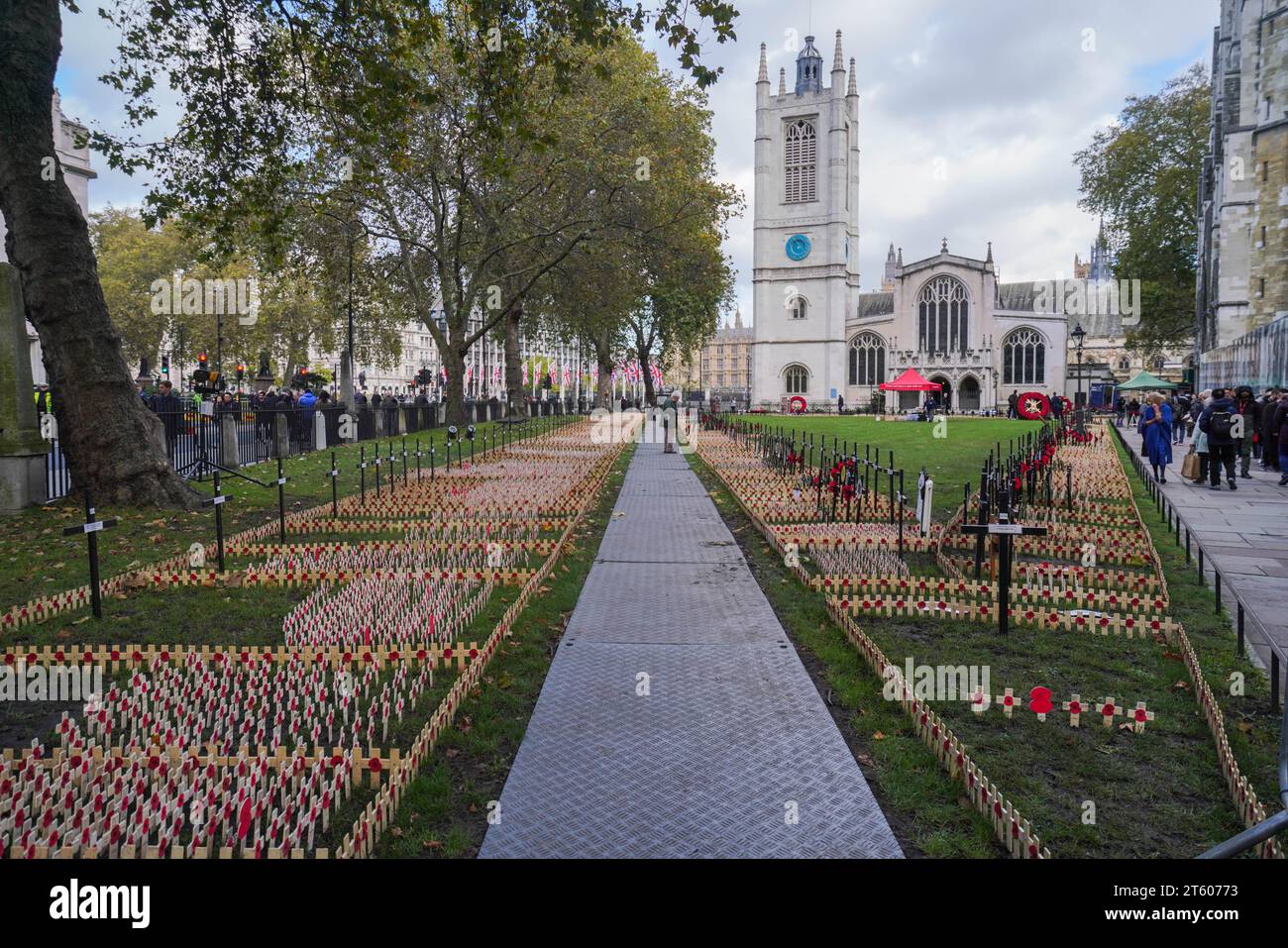 London, UK. 7 November 2023. Ceremonial crosses with poppies are ...