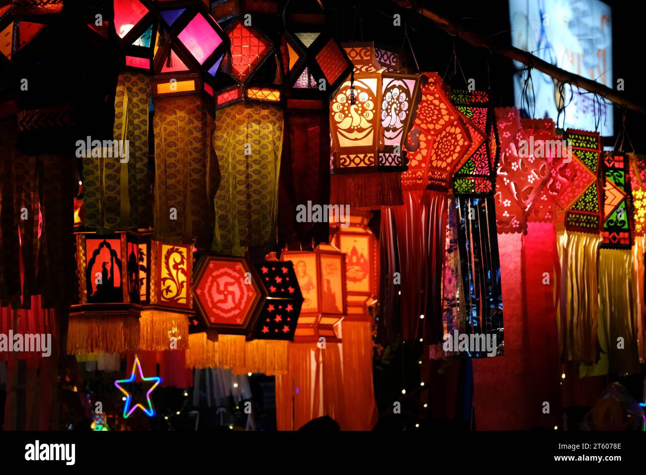 Series of colourful aakash kandil lights displayed in Pune city area ...