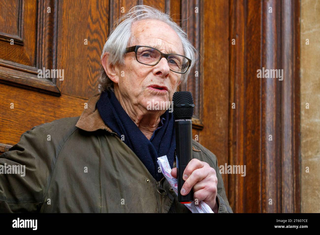 Film director Ken Loach speaks to Pro-Palestinian supporters before a ...