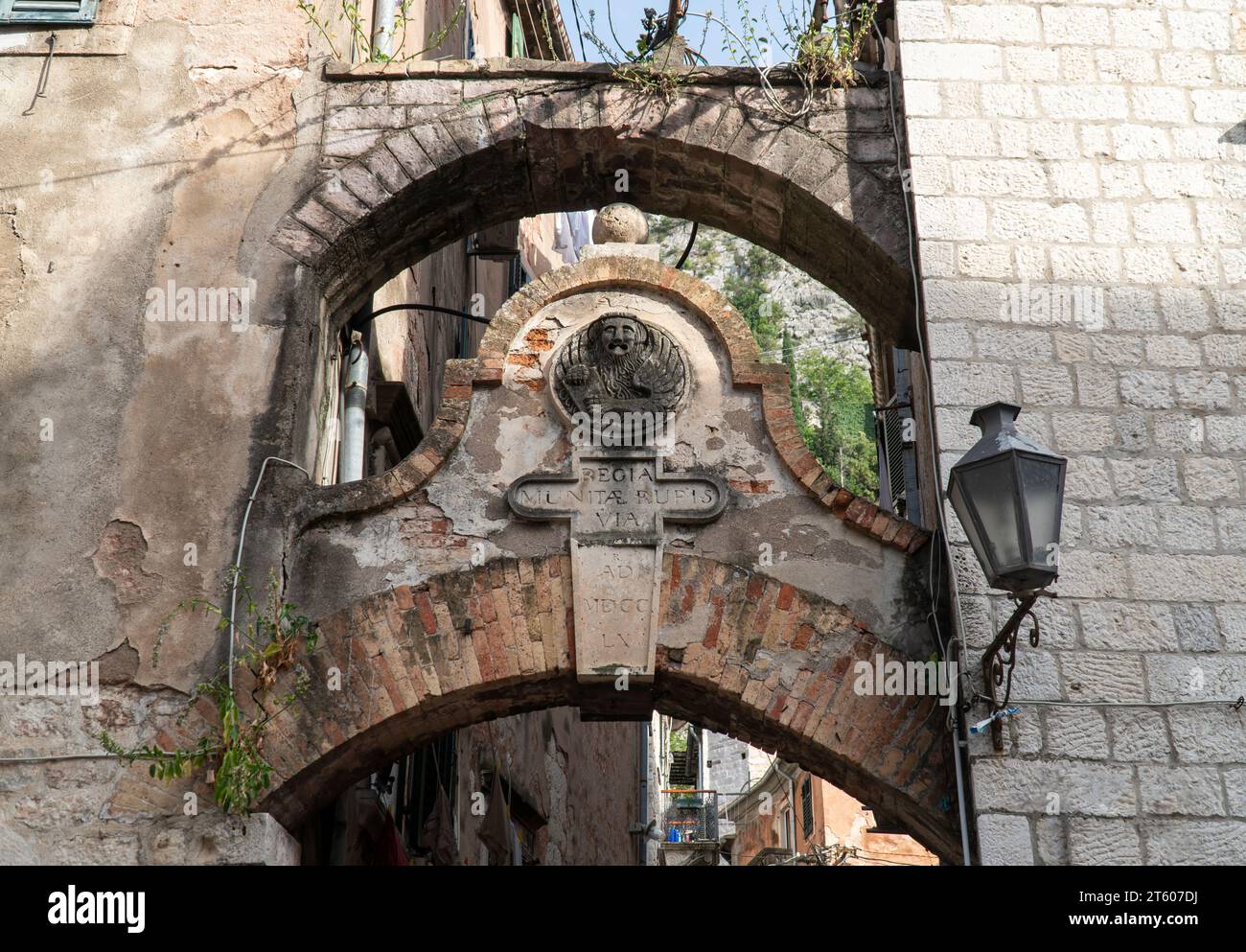 Medieval arch. Gate leading to the entrance to the Kotor Fortress ...