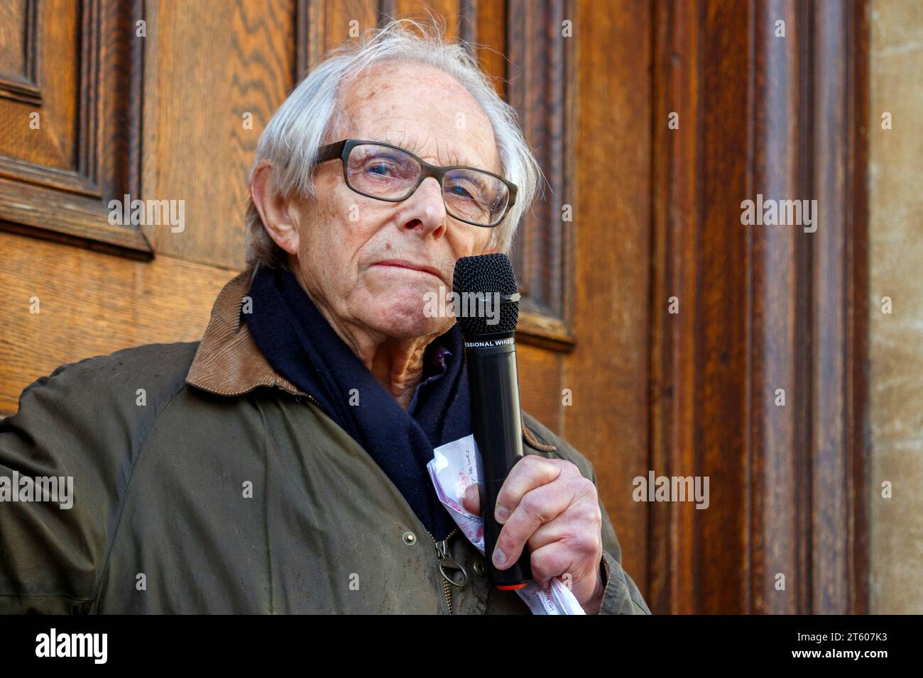 Film director Ken Loach speaks to Pro-Palestinian supporters before a ...