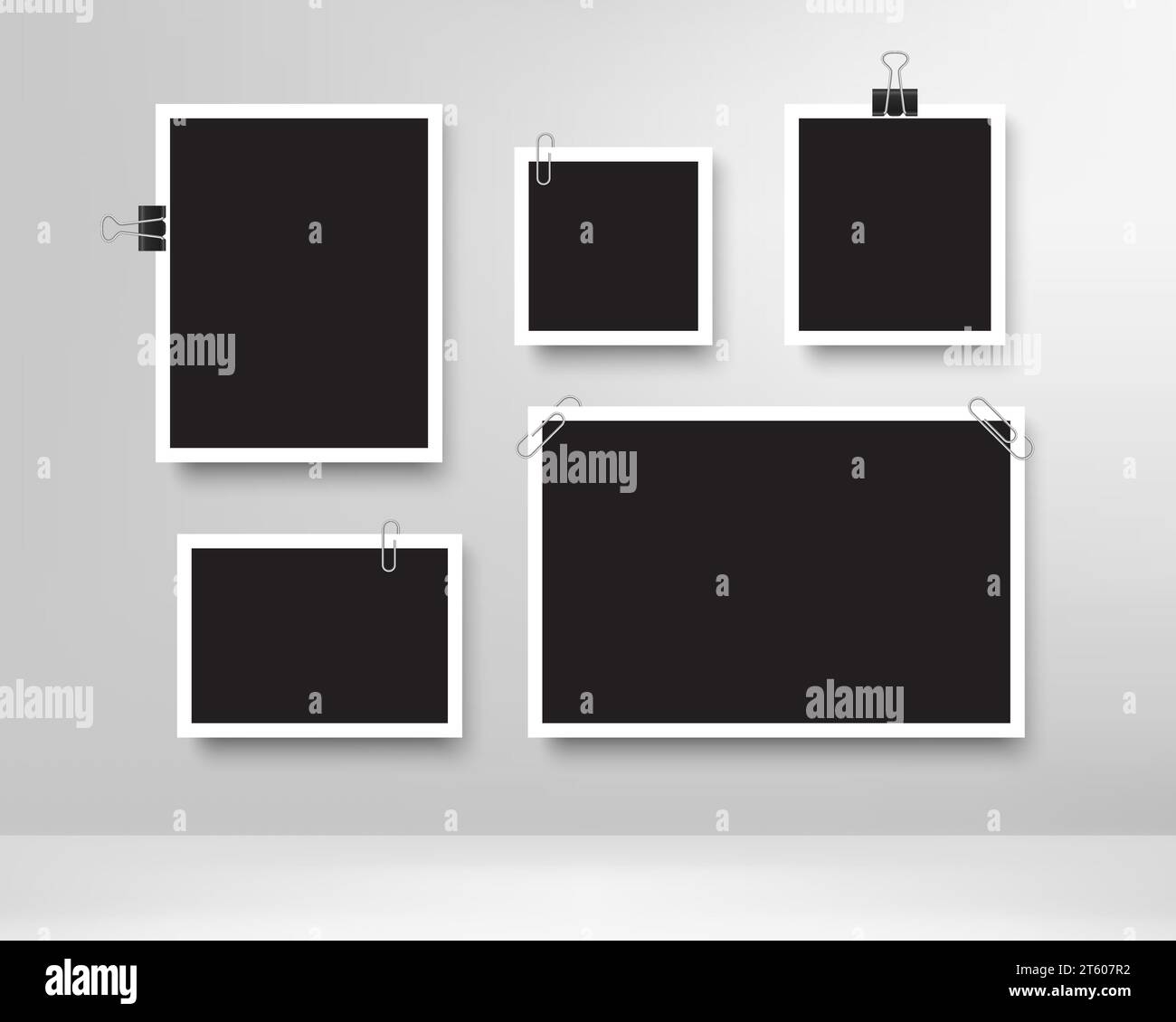 Realistic photo frames. Blank photos frame with paper clips, wall ...