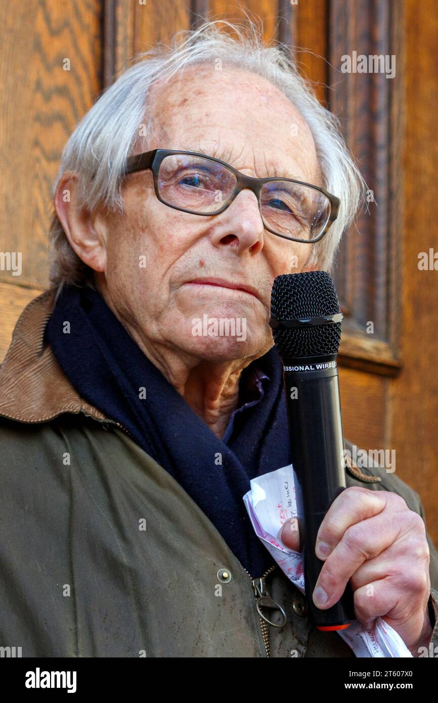 Film director Ken Loach speaks to Pro-Palestinian supporters before a ...