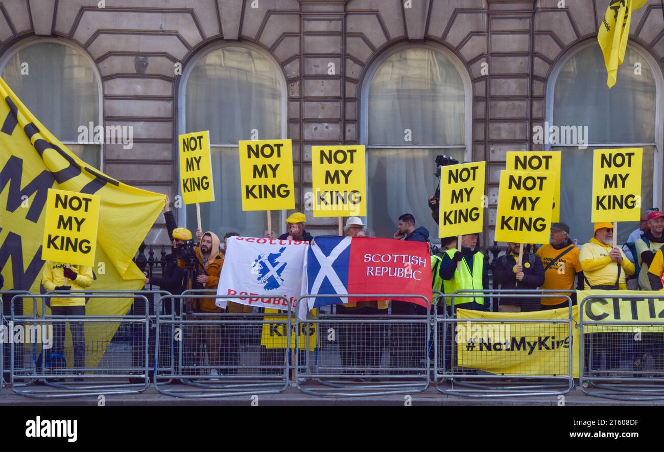 London, England, UK. 7th Nov, 2023. Protesters hold up Not My King ...