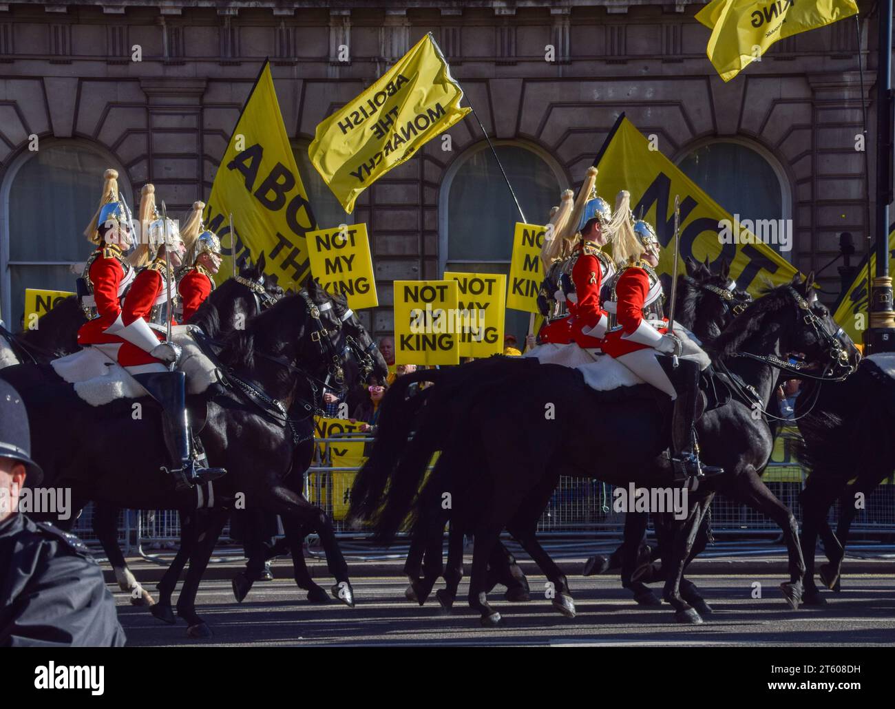 London, England, UK. 7th Nov, 2023. Protesters hold up Not My King ...