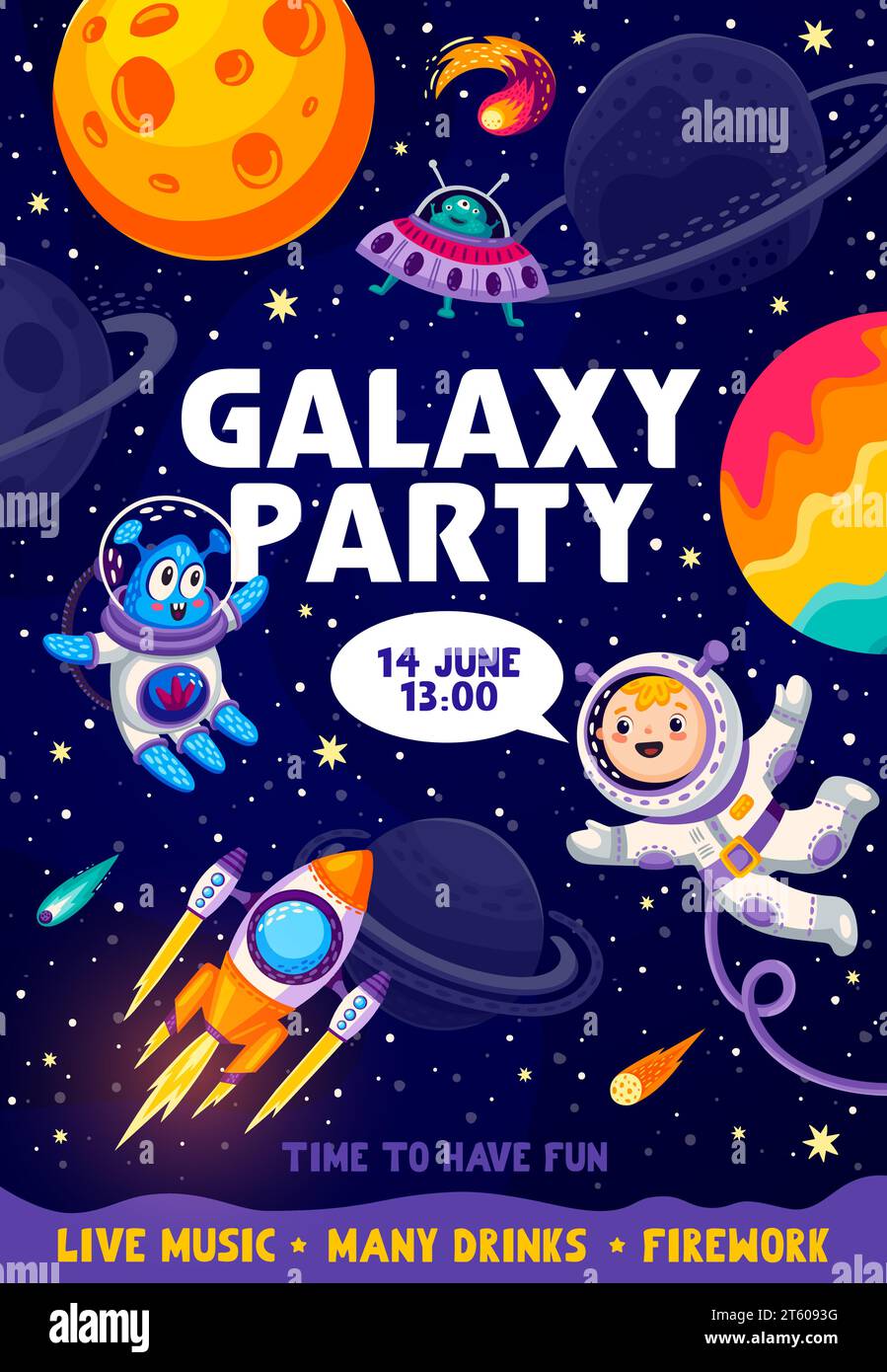 Galaxy party flyer. Cartoon kid astronaut, alien, starry night sky ...