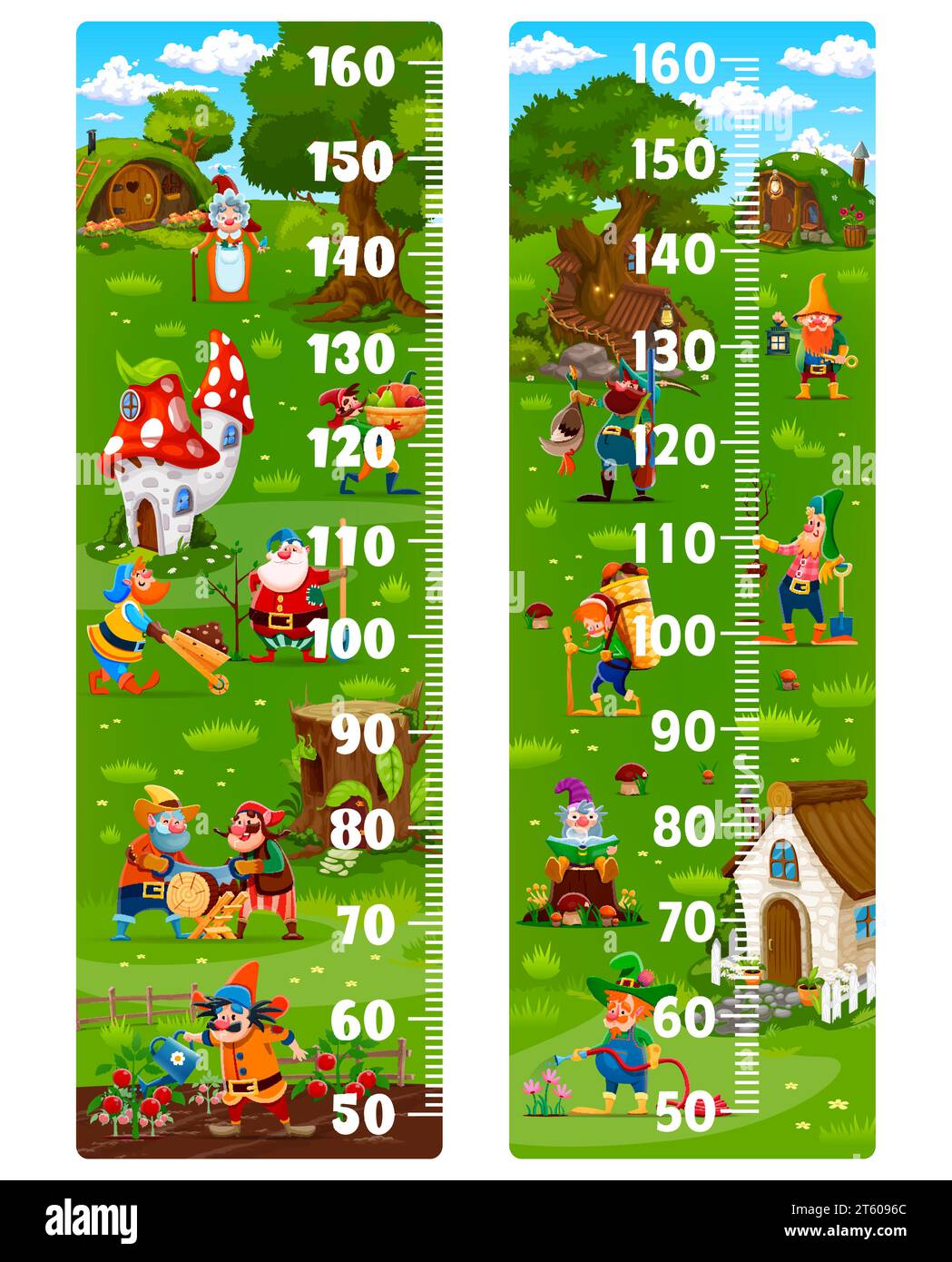 Kids height chart ruler. Cartoon fairytail gnomes at village vector ...