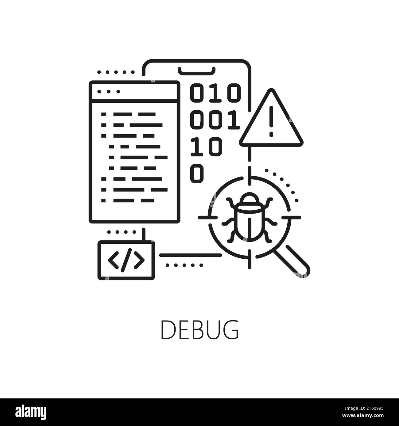 Debug, web app develop and optimization icon of software testing, line ... Debug, web app develop and optimization icon of software testing, line ...