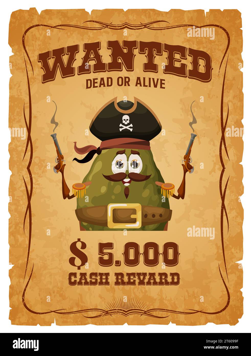 Cartoon avocado pirate captain character on western wanted banner with ...