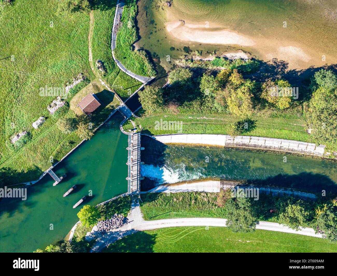 Loisach lake aerial weir from top Stock Photo - Alamy