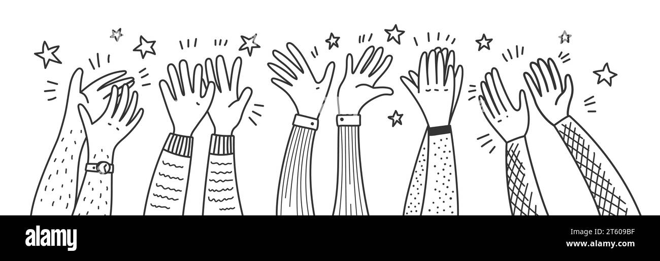 Doodle applause hands of people clapping or happy audience, cartoon ...