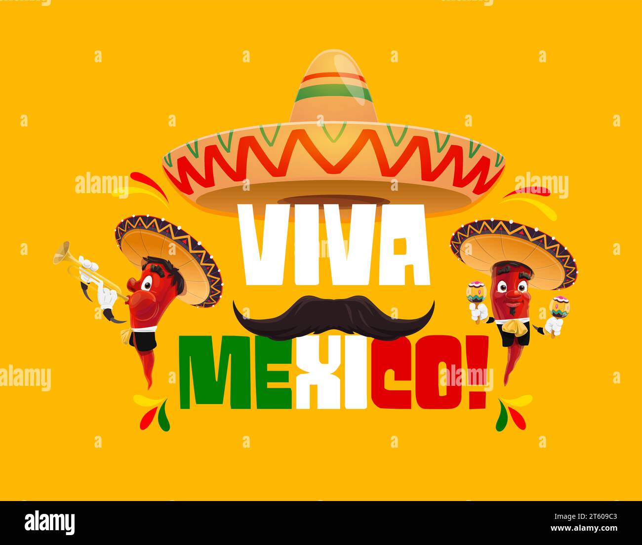Viva Mexico banner with chili pepper mariachi characters and Mexican ...