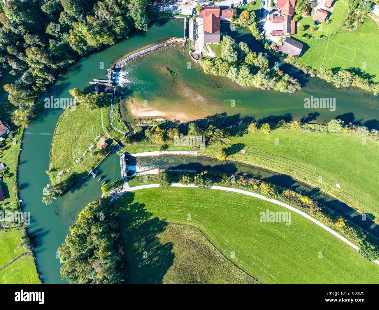 Loisach lake aerial weir from top Stock Photo - Alamy