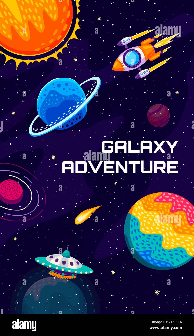 Galaxy adventure banner. Flying spaceship and UFO between space planets ...