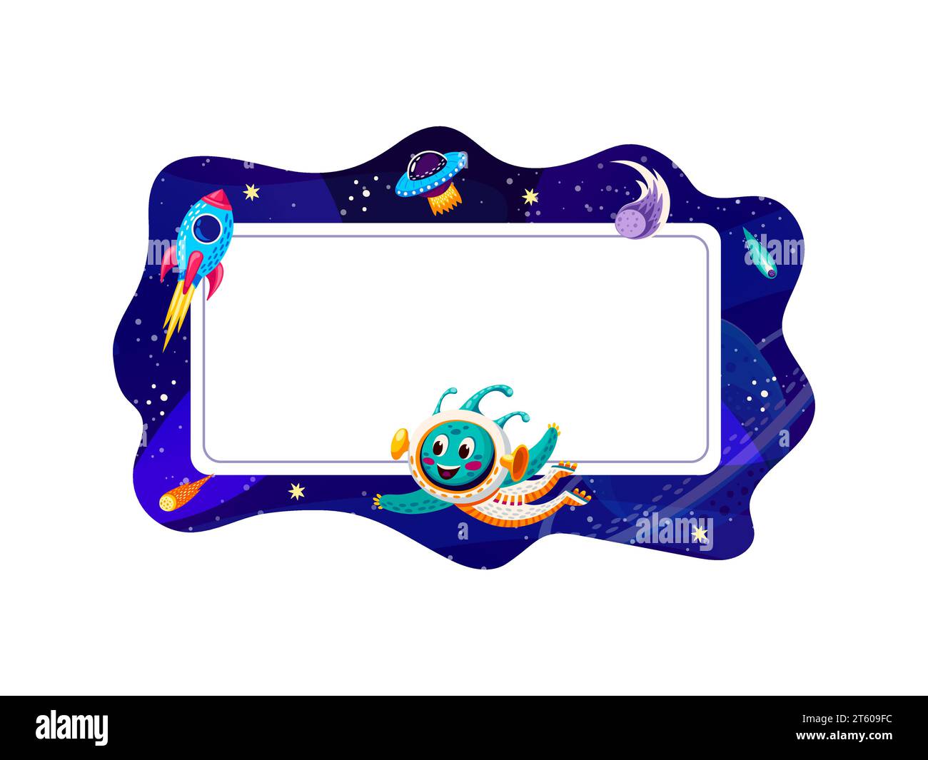 Cartoon frame with galaxy space landscape and funny alien character ...